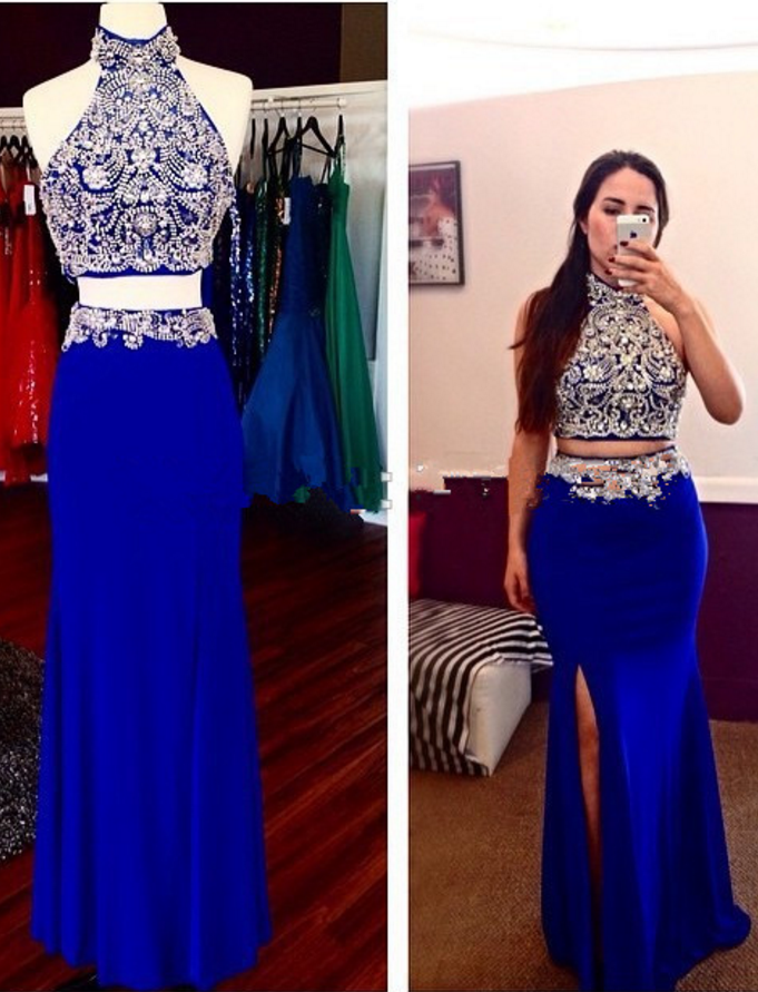 Halter Royal Blue Handmade Beading Prom Dress on Luulla