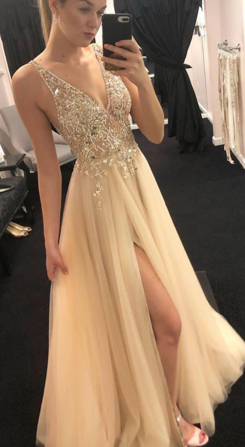 Deep V Neck Split Side Prom Dresses With Beaded For Women on Luulla